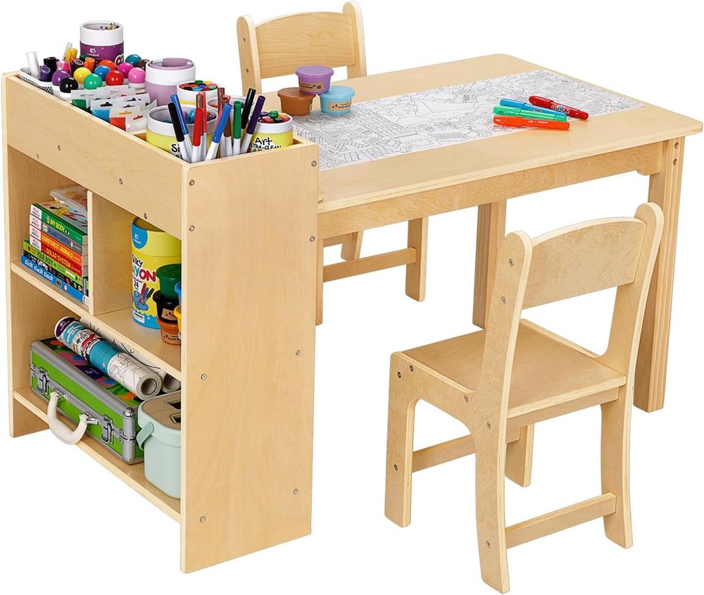 Buy Oook - Kids' Art Table, Chairs With Integrated Bookcase Set - Brown ...