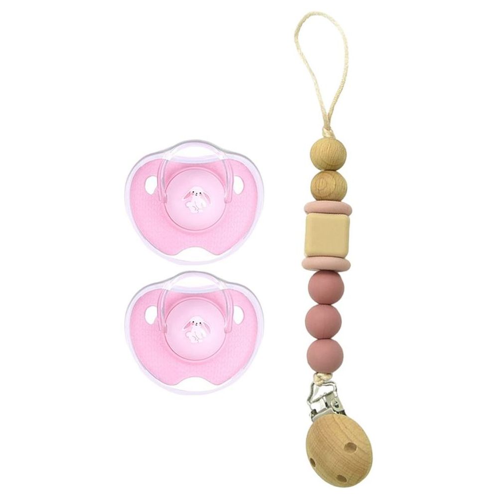 Luqu - Baby Pacifier - 2pcs + Silicone Beads - Wooden Lock Chain - Pink